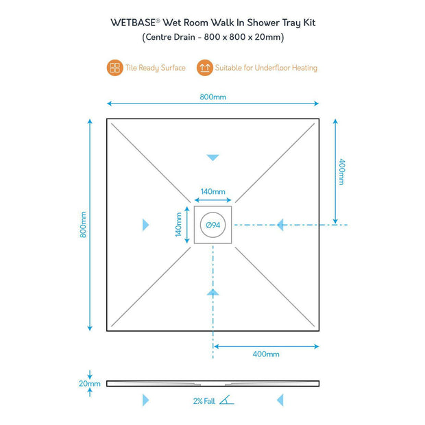 Wet Room Kit | Walk in Shower Tray | 800 x 800mm CENTRE Drain WetBase®